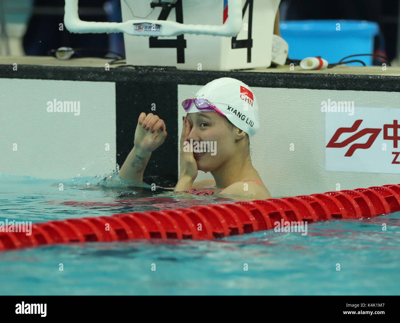 Tianjin. 6th Sep, 2017. Liu Xiang of Guangdong reacts after the women's ...