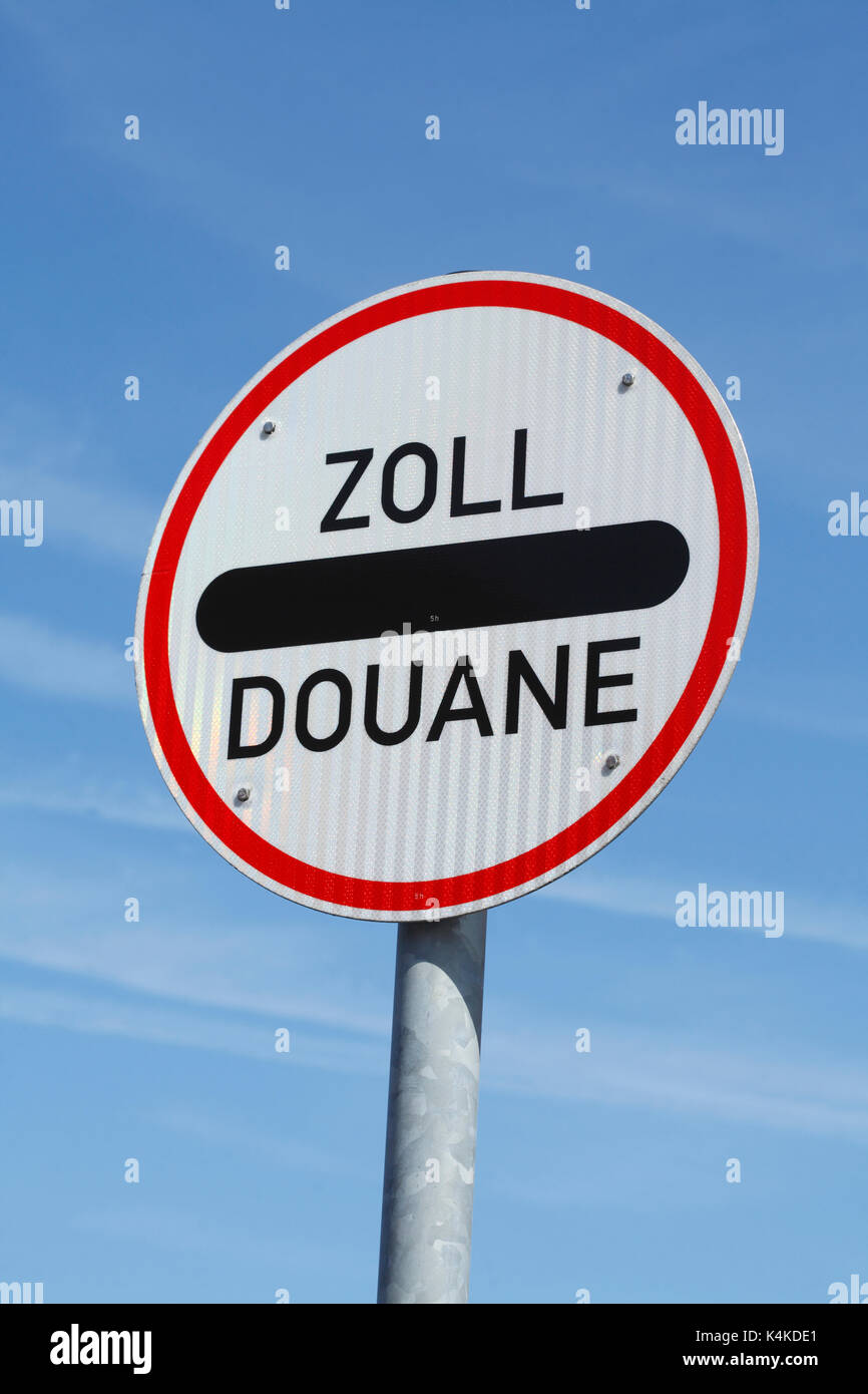 Border sign in front of blue sky, Customs, Douane, Freeport ...