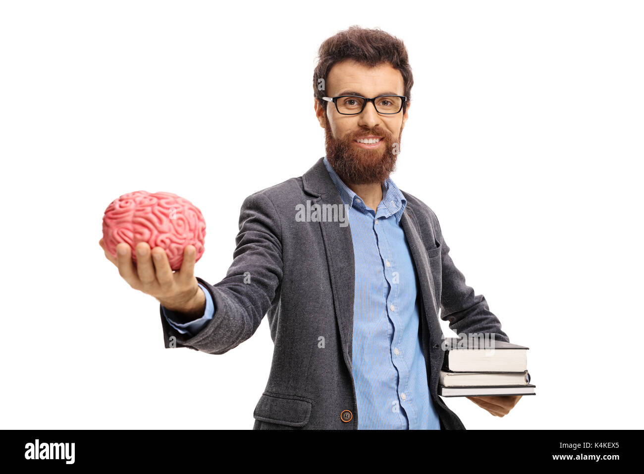 Professor with books and a brain model isolated on white background ...