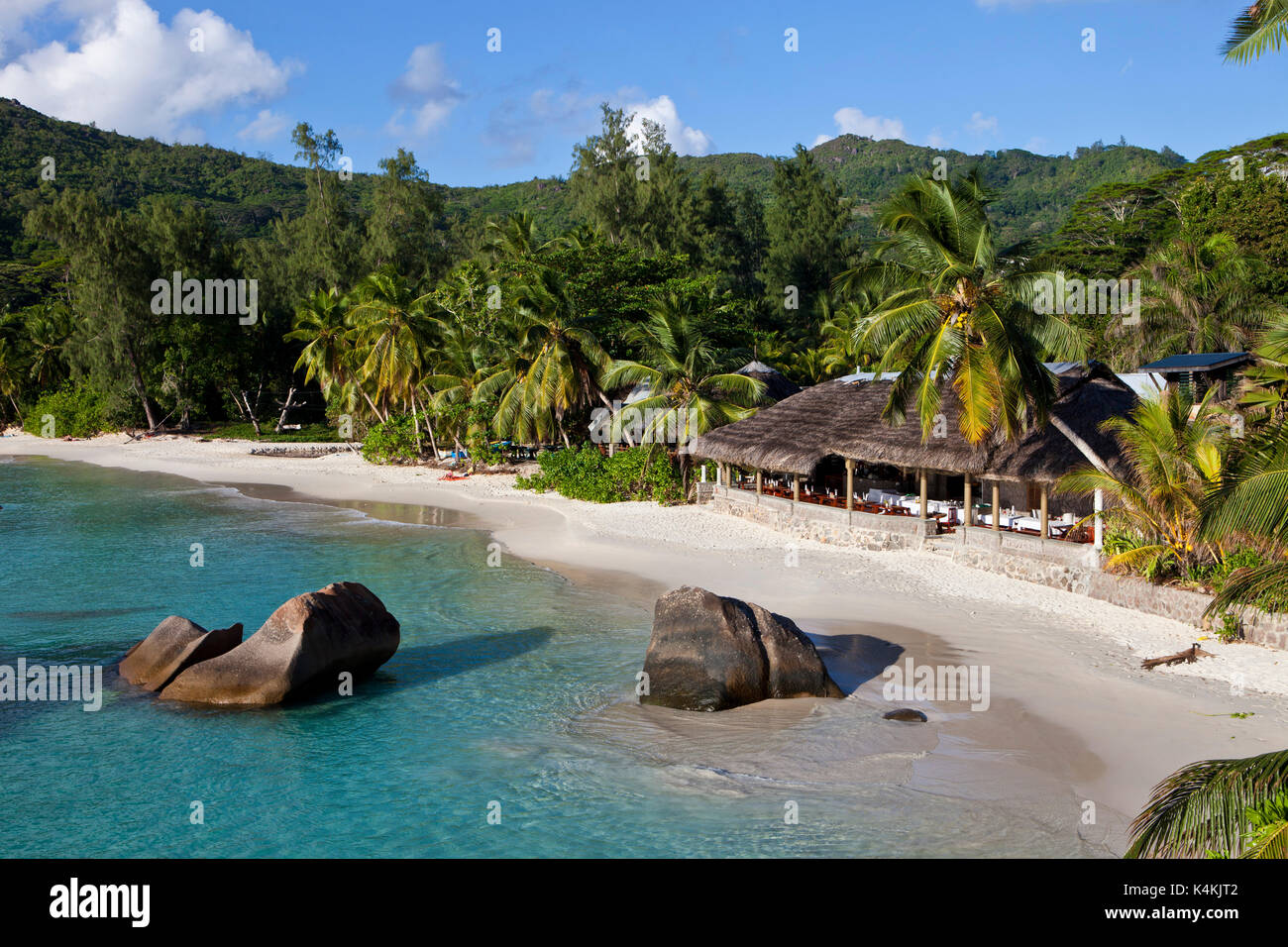 Restaurant Chez Batista on the beach, Anse Takamaka, Mahe, Seychelles Stock Photo - Alamy