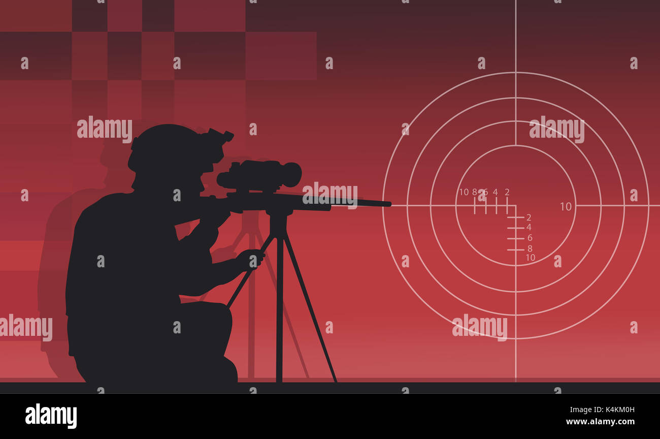 A sniper with a gun on a red background Stock Photo - Alamy