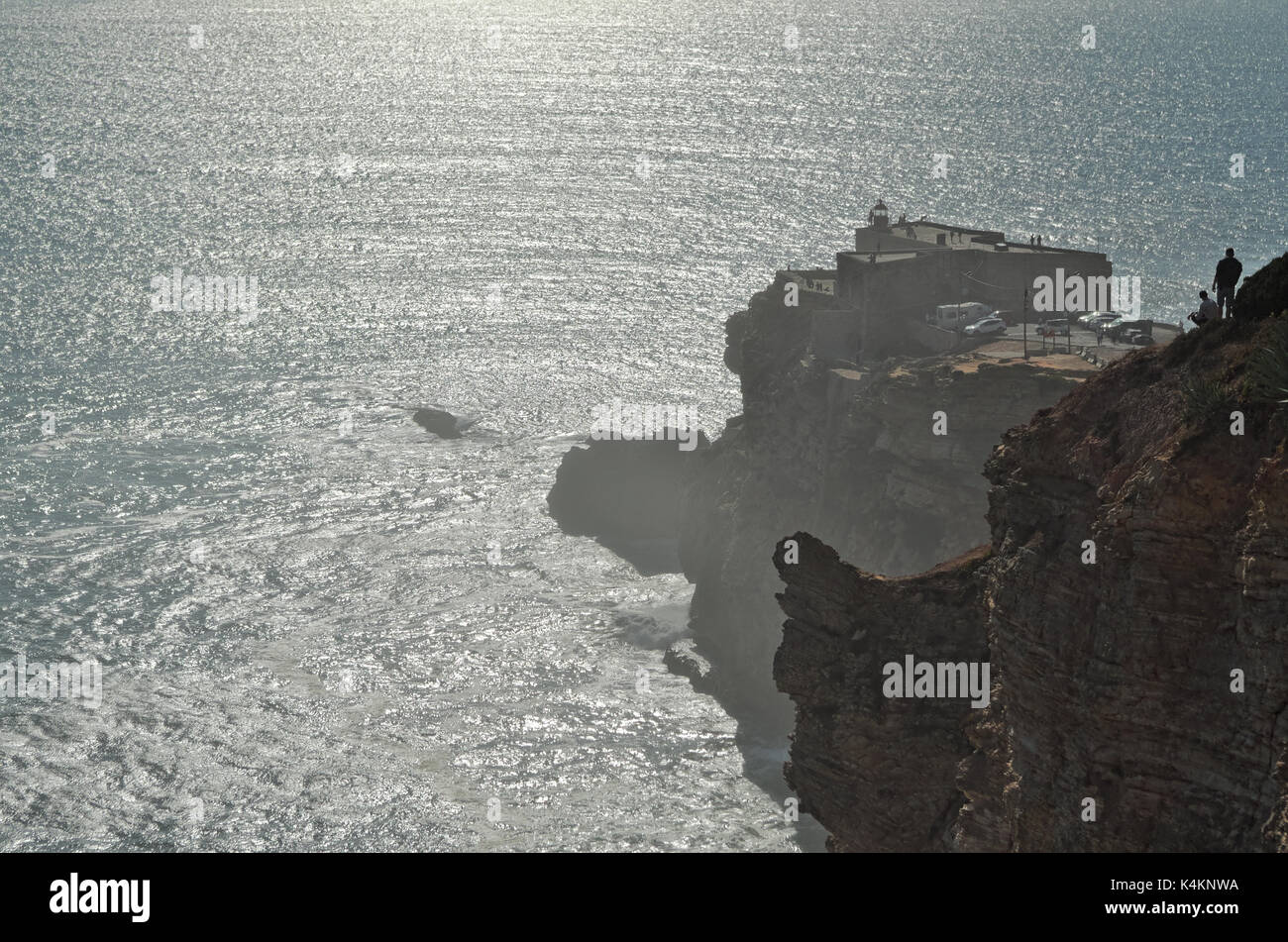 View of the Lighthouse of Nazare (Nazareth) from the cliffs. Portugal ...