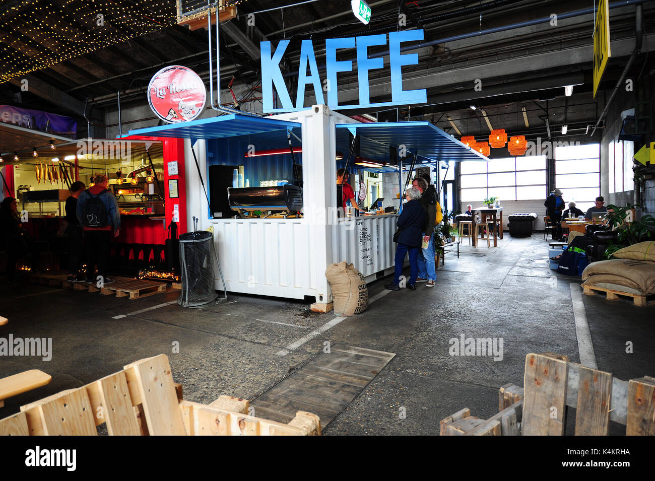 A stall selling coffee at Aarhus Street Food, a permanent street food ...