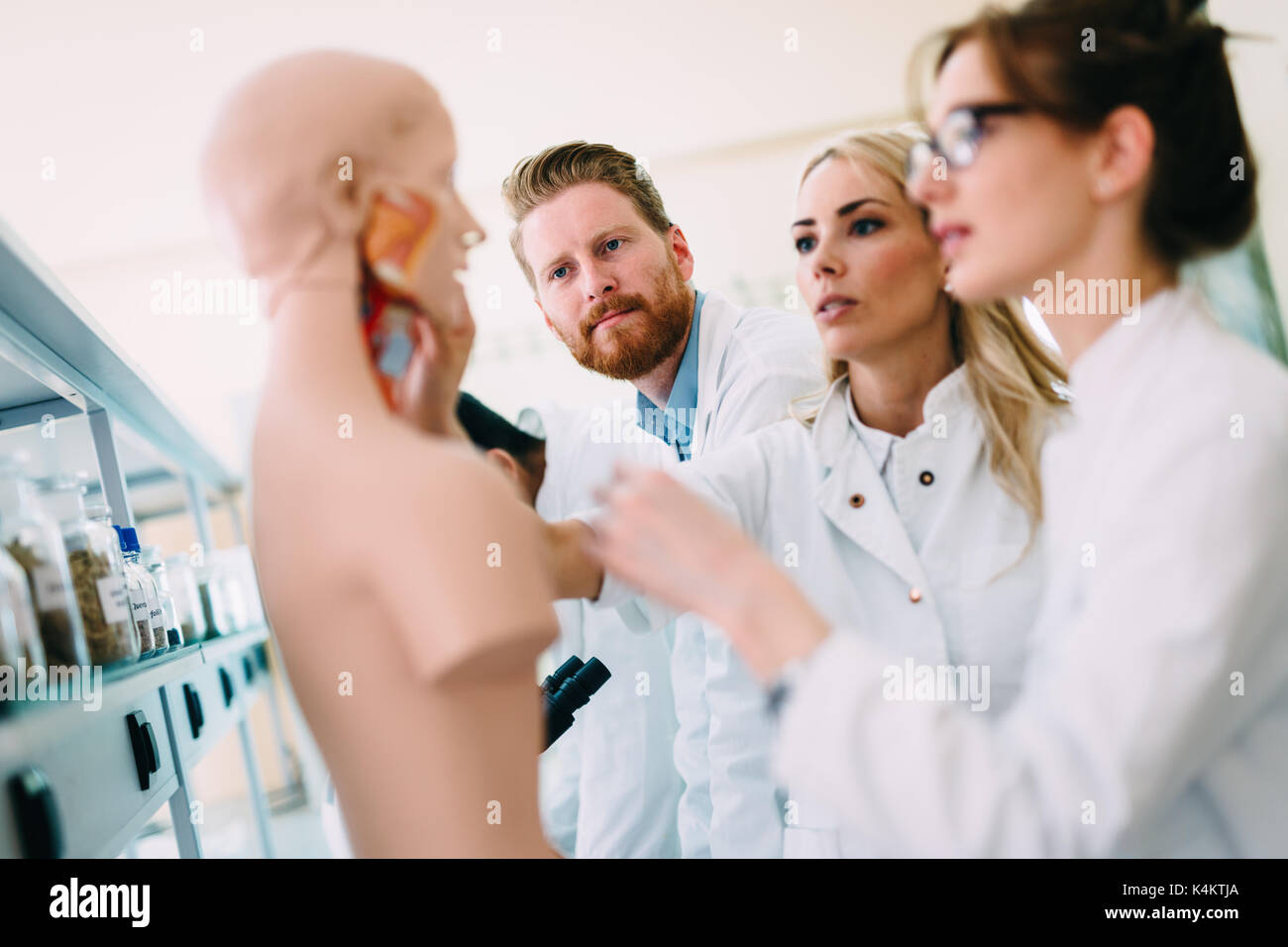 Students of medicine examining anatomical model in classroom Stock ...