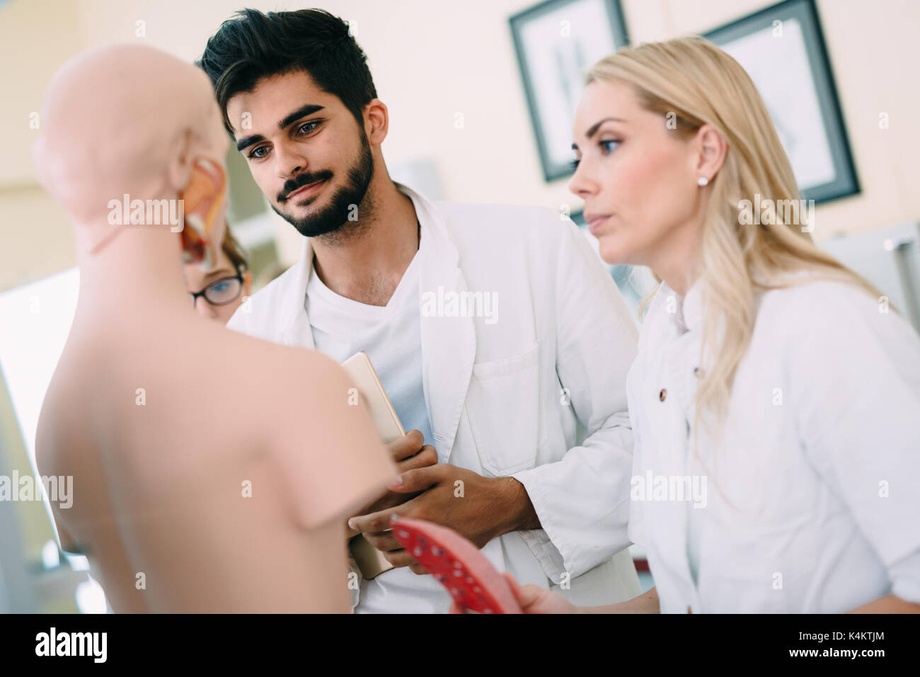 Students of medicine examining anatomical model in classroom Stock ...