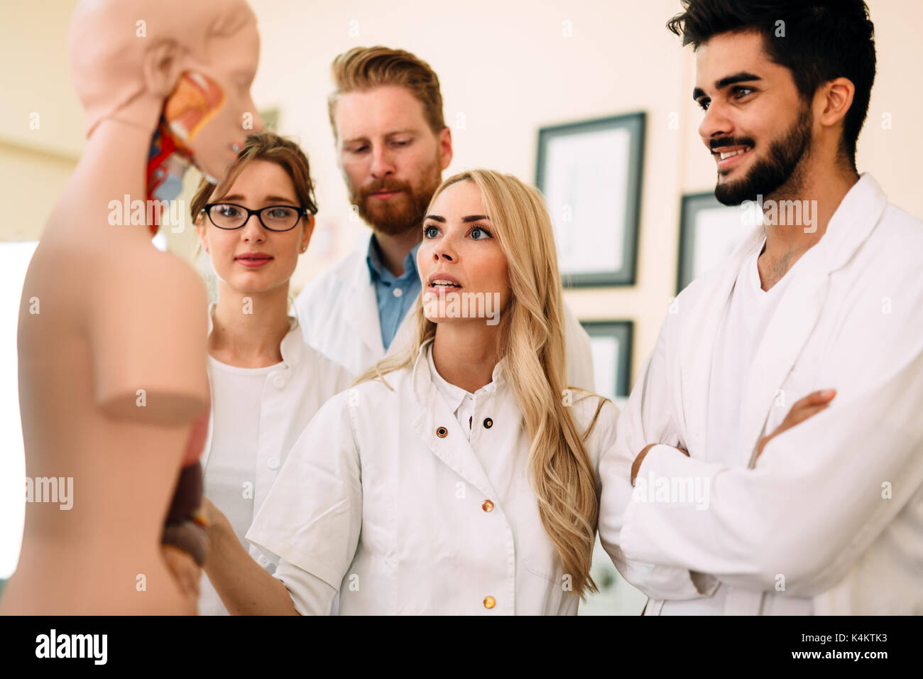 Students of medicine examining anatomical model in classroom Stock ...