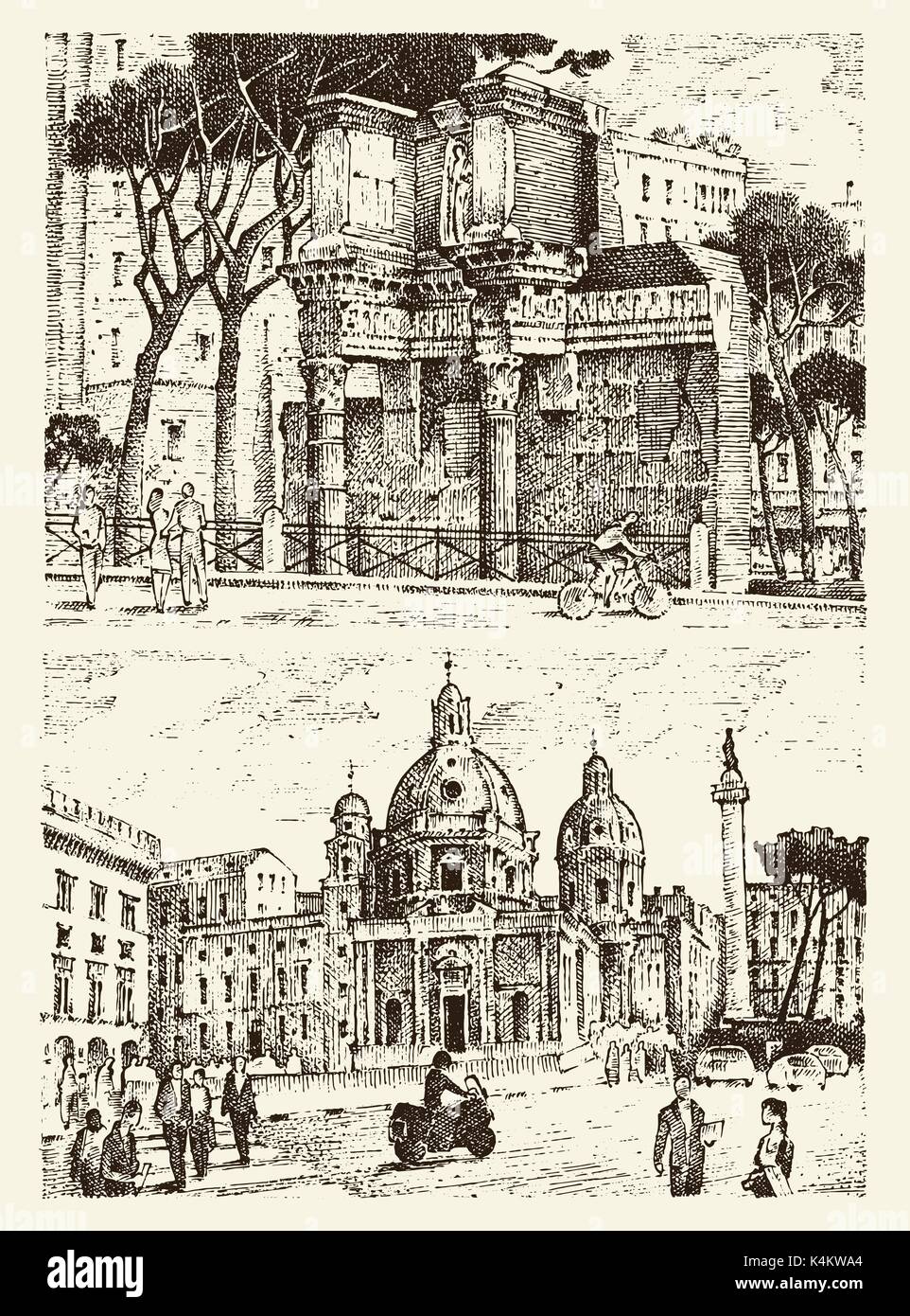 landscape in European town Rome in Italy . engraved hand drawn in old ...