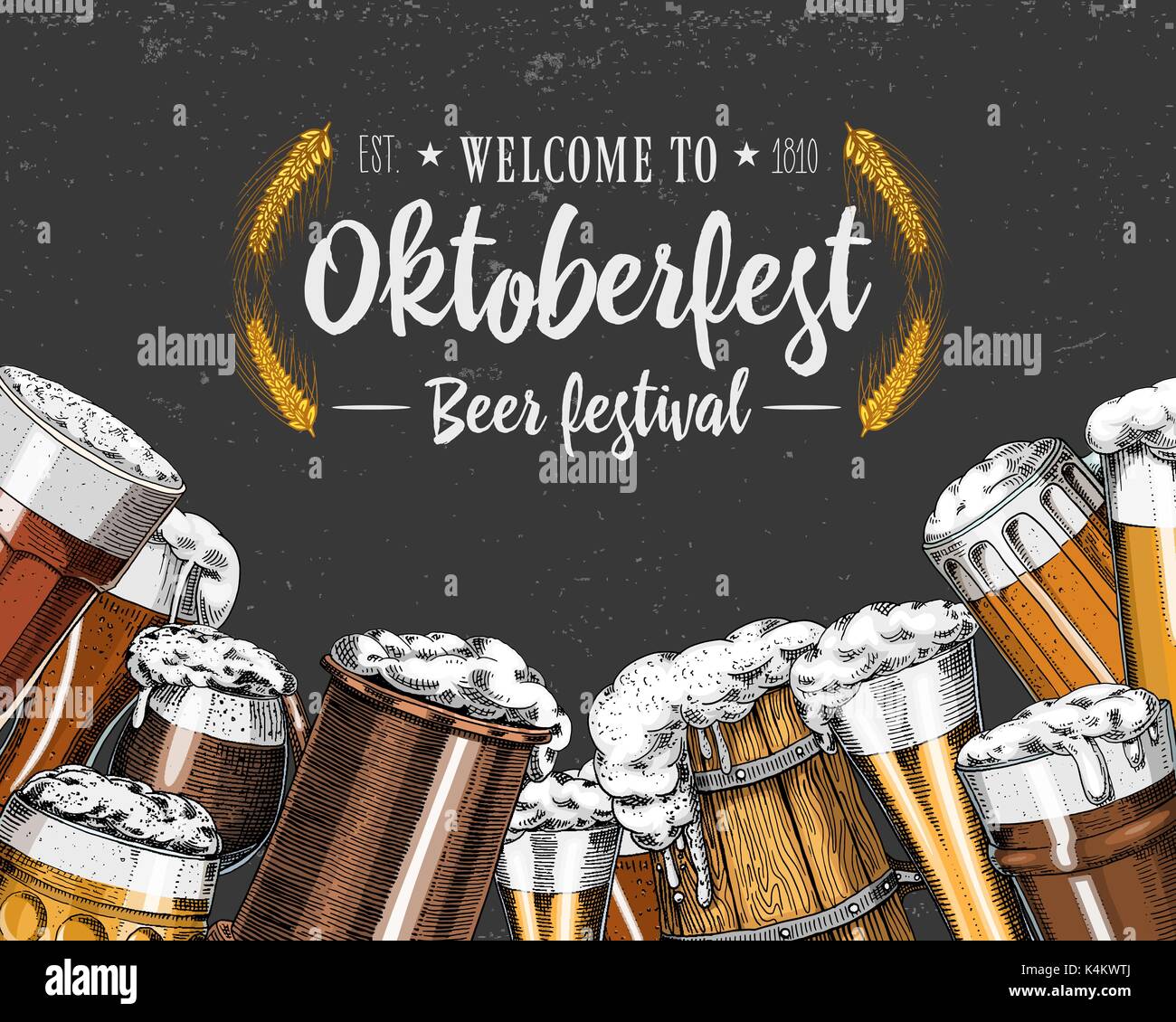 Beer glass, mug or bottle of oktoberfest. engraved in ink hand drawn in ...