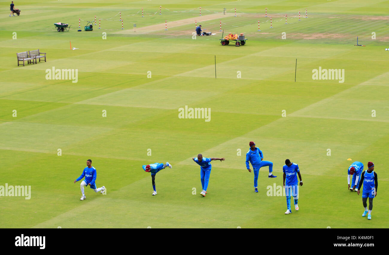 West Indies players go through stretching routines on the Lords pitch ...