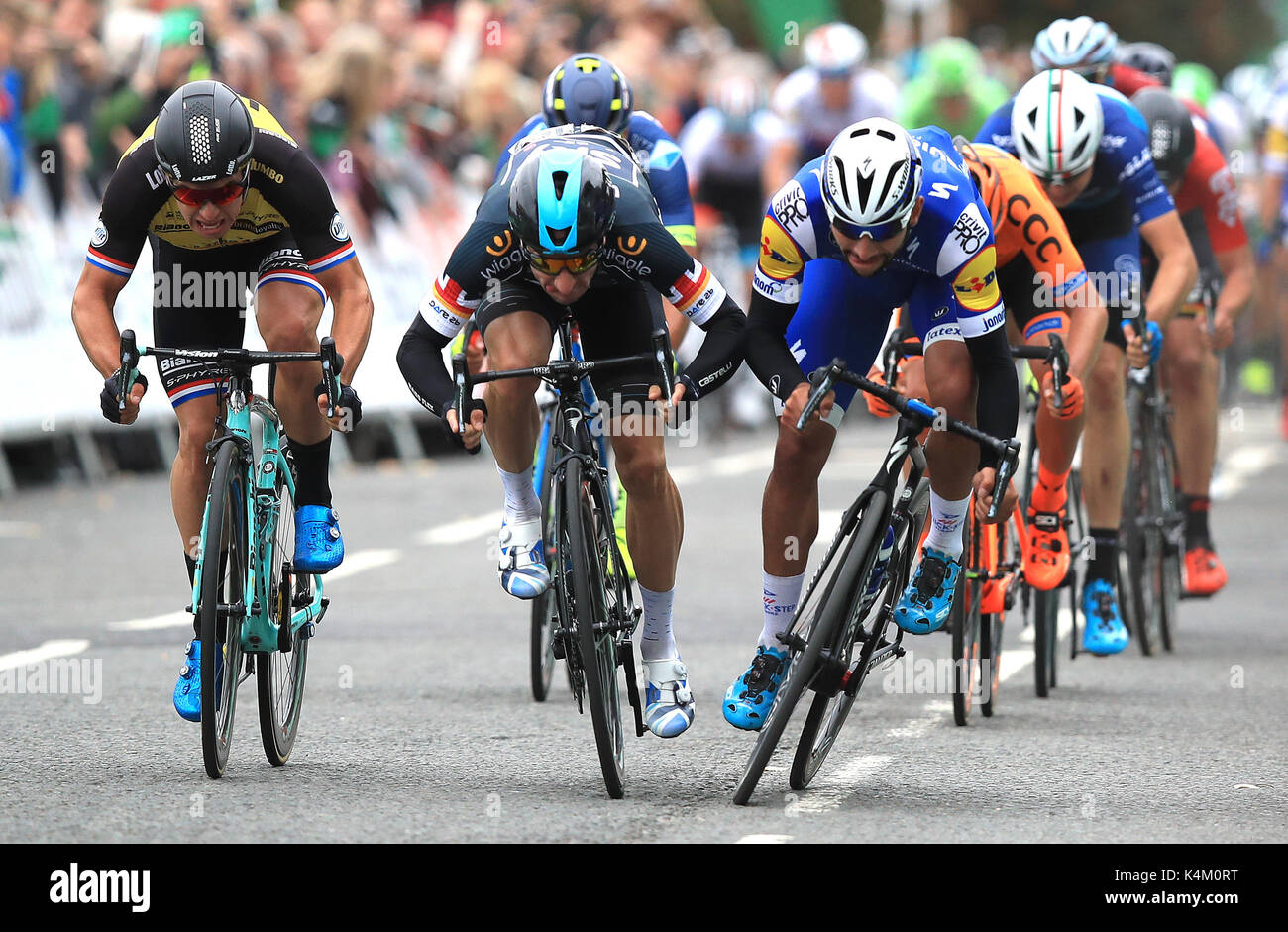 Quickstep's Fernando Gaviria (white helmet) wins stage four of the OVO ...