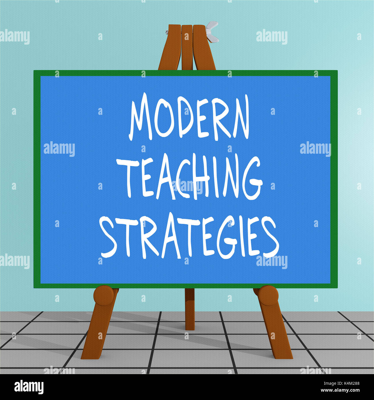 3D illustration of "MODERN TEACHING STRATEGIES" title on a tripod ...