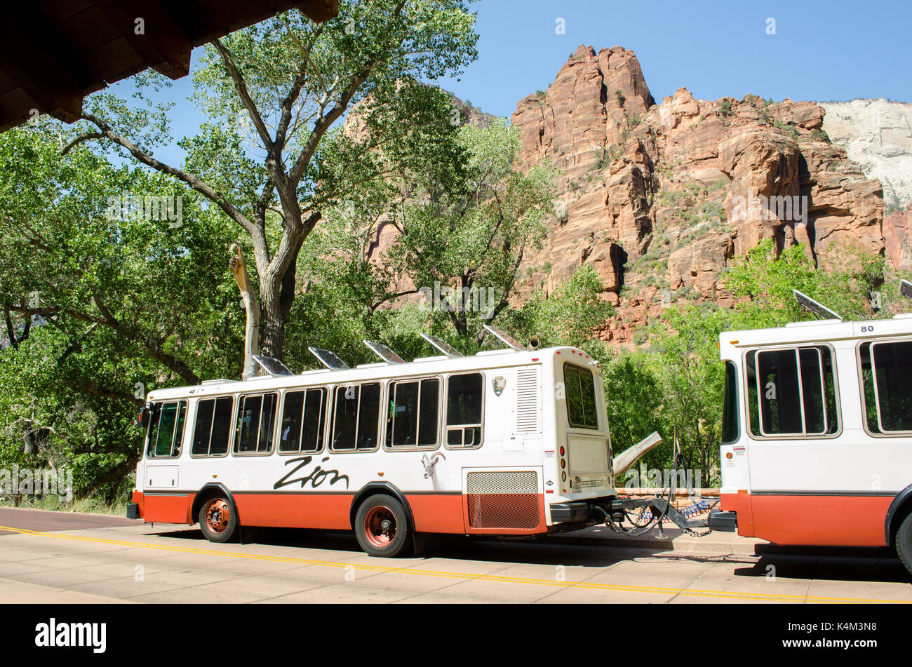 buses used to transport visitors at Zion National Park, Utah USA Stock ...