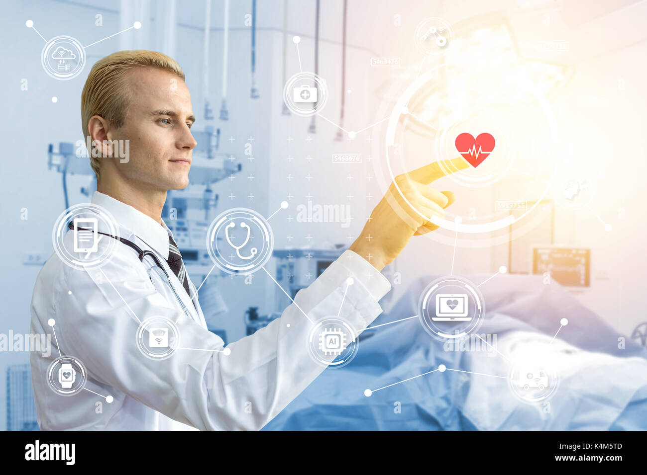 Smart healthcare technology concept. Doctor point finger and blur ...