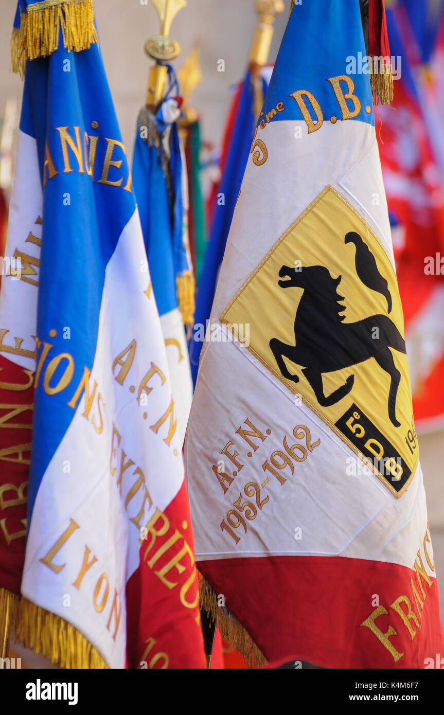 French military flags on the ceremony of the 73th anniversary of the ...