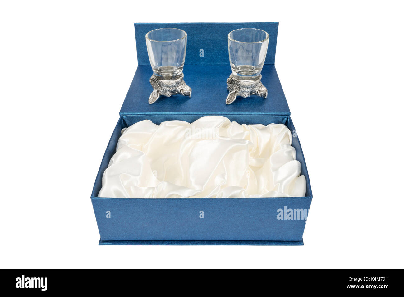 Beautiful blue gift box with two glasses for vodka with a head of a ...