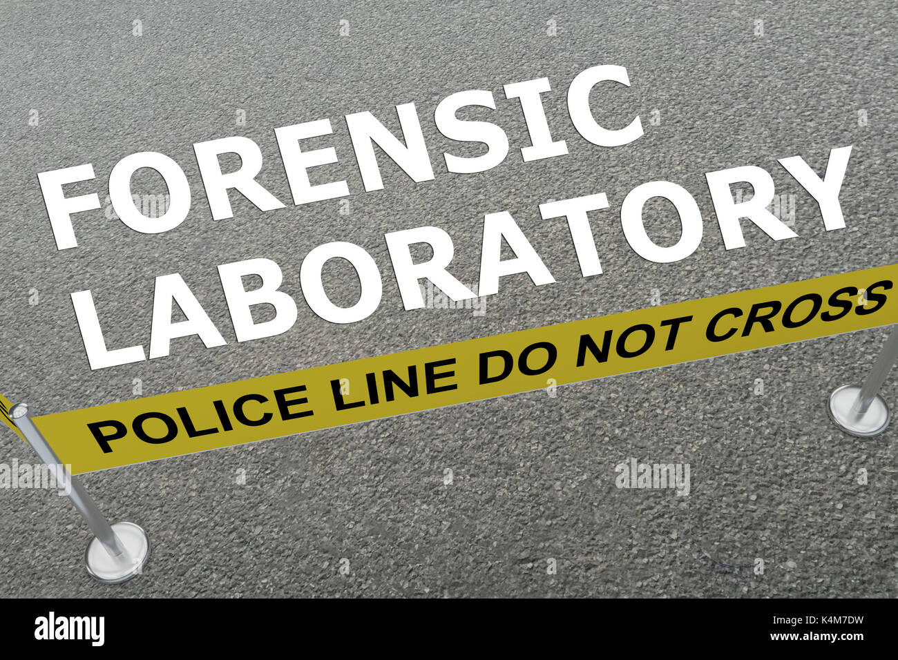 3D illustration of "FORENSIC LABORATORY" title on the ground in a ...