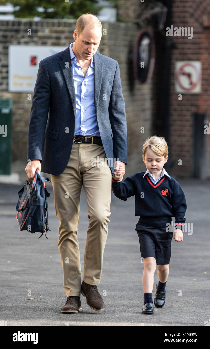 Prince George arrives with the Duke of Cambridge at Thomas's Battersea ...