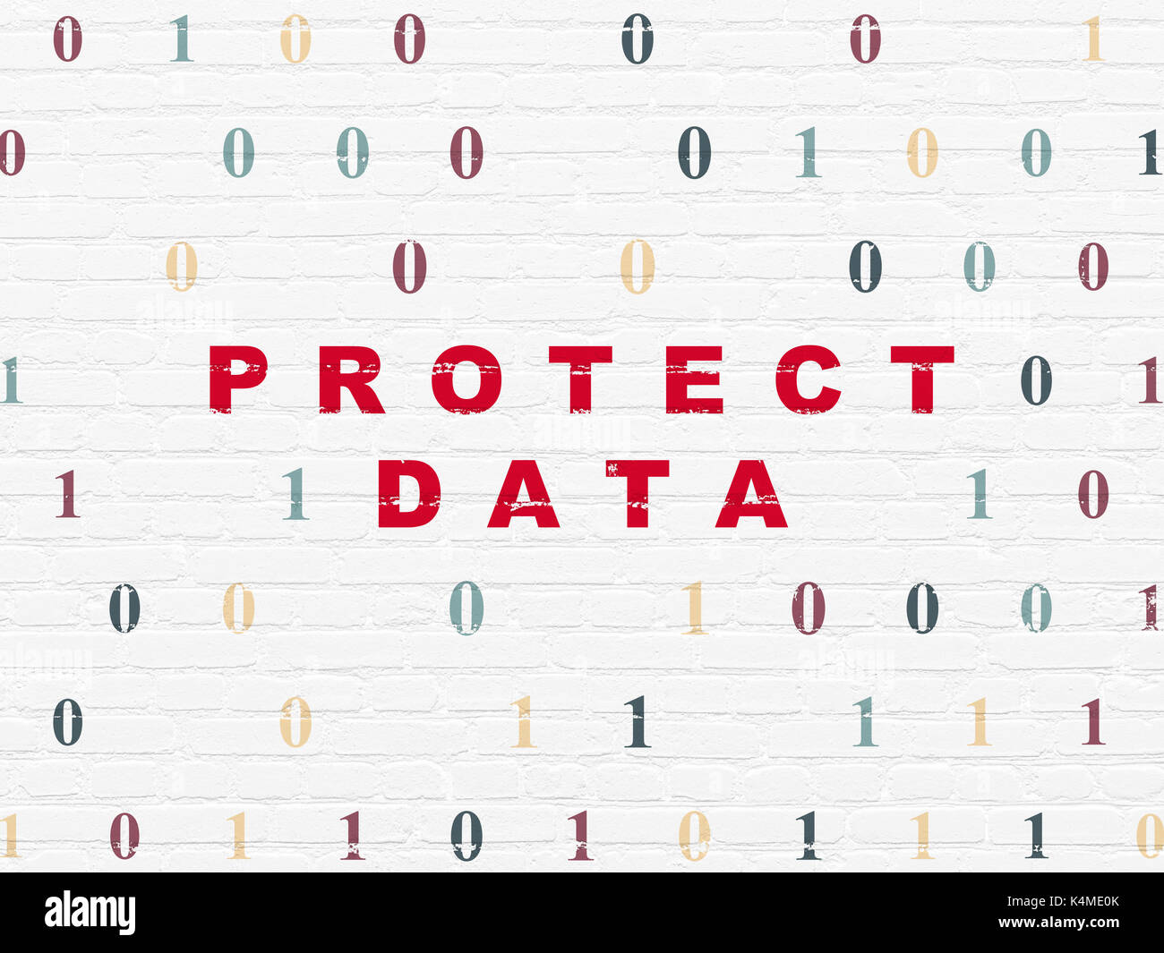Protection concept: Painted red text Protect Data on White Brick wall background with Binary ...