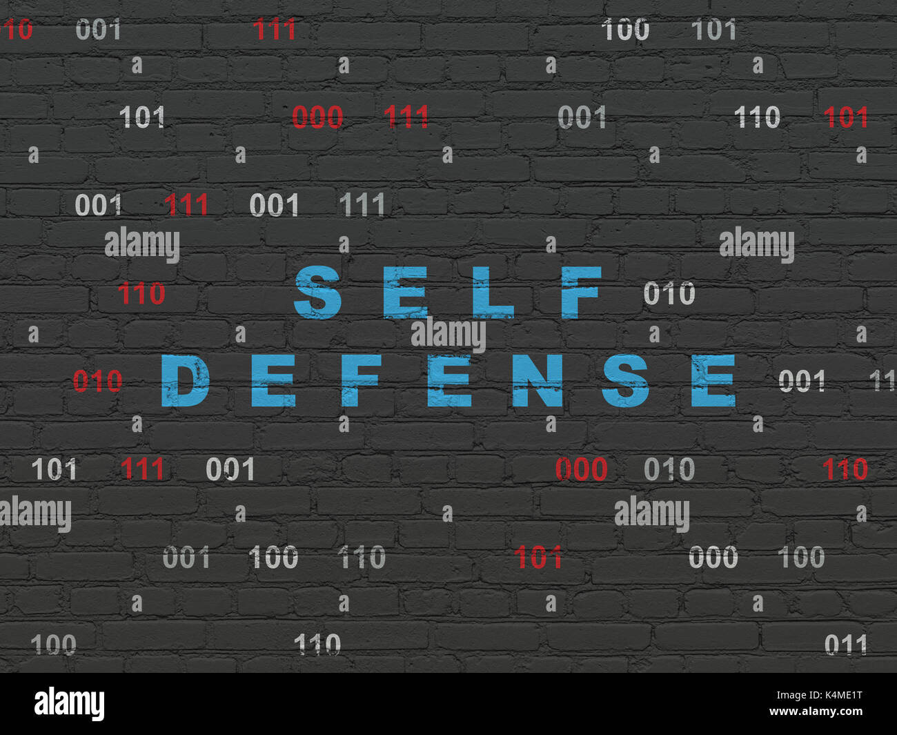 Protection concept: Painted blue text Self Defense on Black Brick wall ...