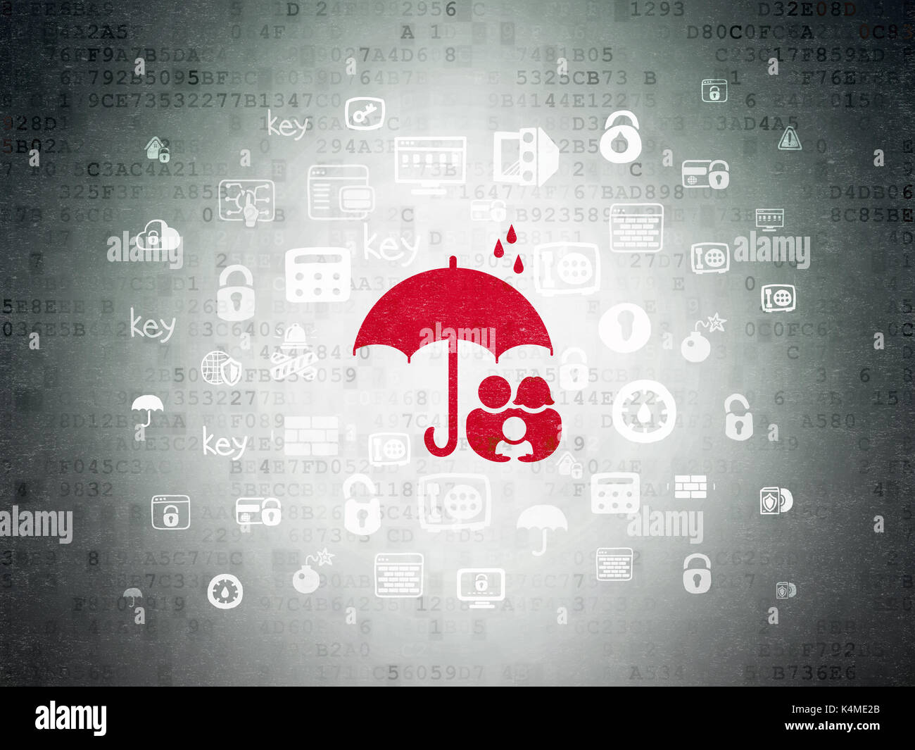 Protection concept: Painted red Family And Umbrella icon on Digital Data Paper background with ...