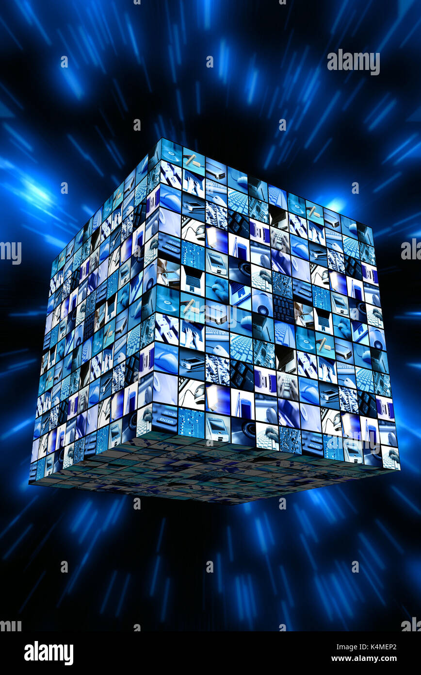 cube of many screens with technology pictures, new media concept Stock ...