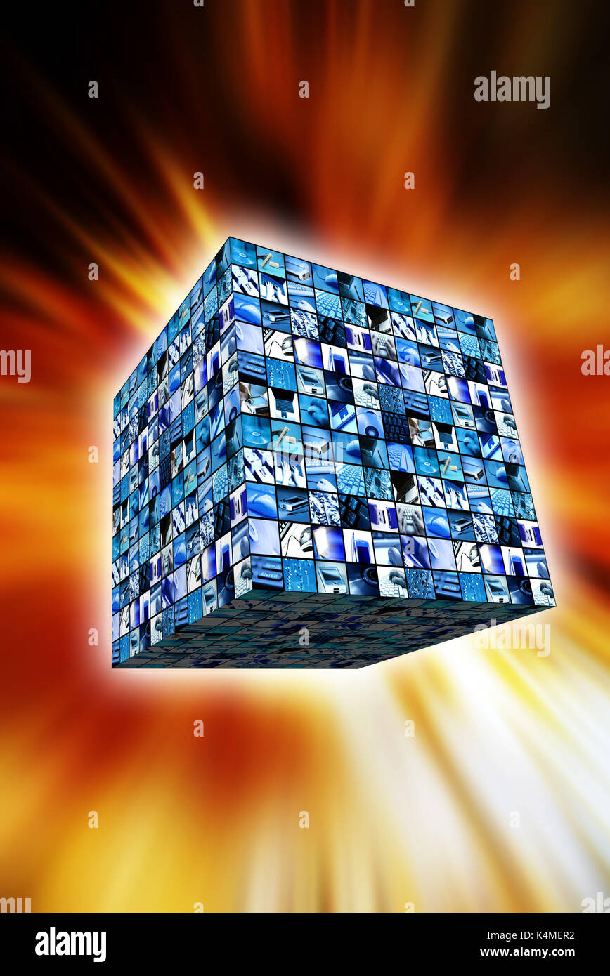 cube of many screens with technology pictures, new media concept Stock ...