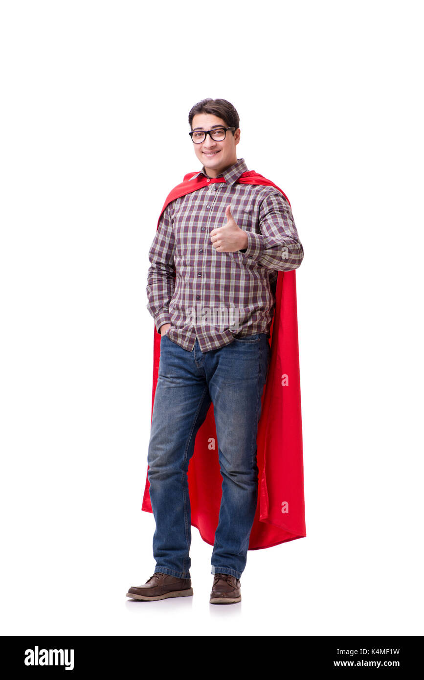 Super hero wearing red cloak on white Stock Photo - Alamy