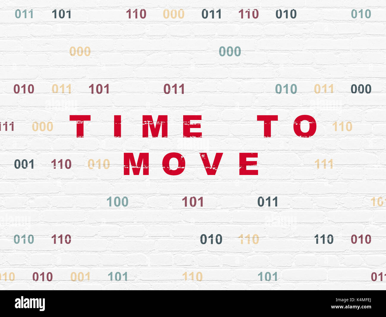 Timeline concept: Painted red text Time to Move on White Brick wall background with Binary Code ...