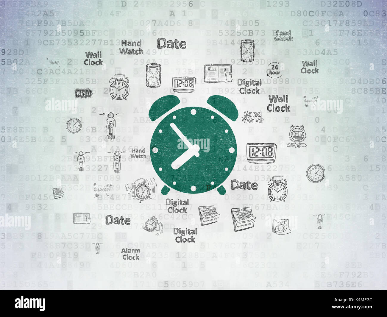 Time concept: Painted green Alarm Clock icon on Digital Data Paper ...
