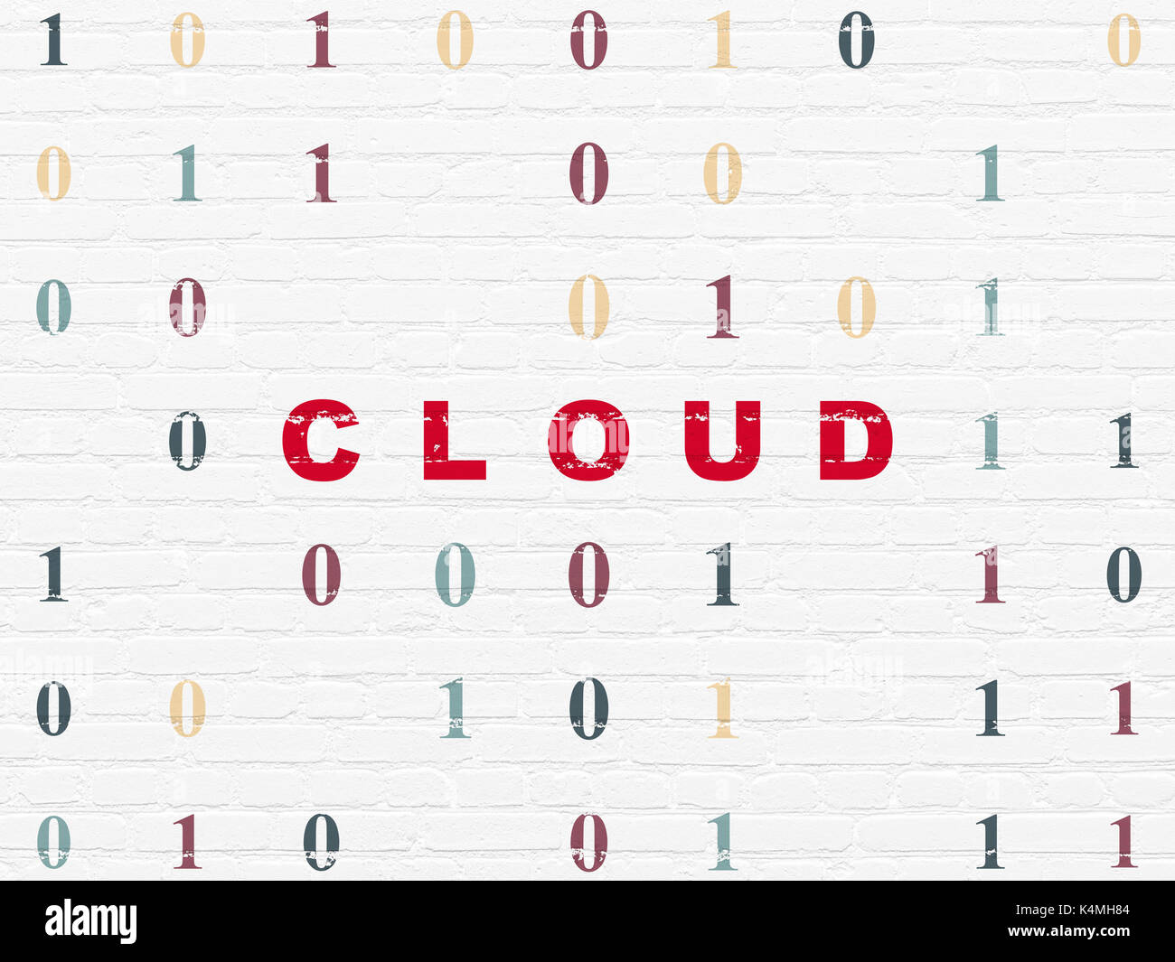 Cloud computing concept: Painted red text Cloud on White Brick wall background with Binary Code ...