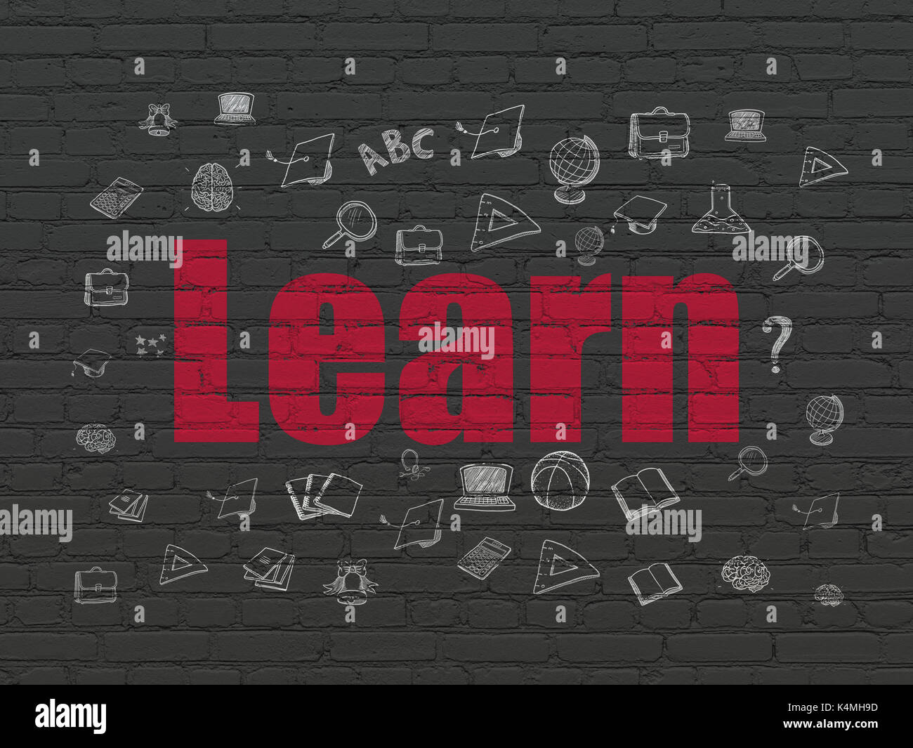 Learning concept: Painted red text Learn on Black Brick wall background ...