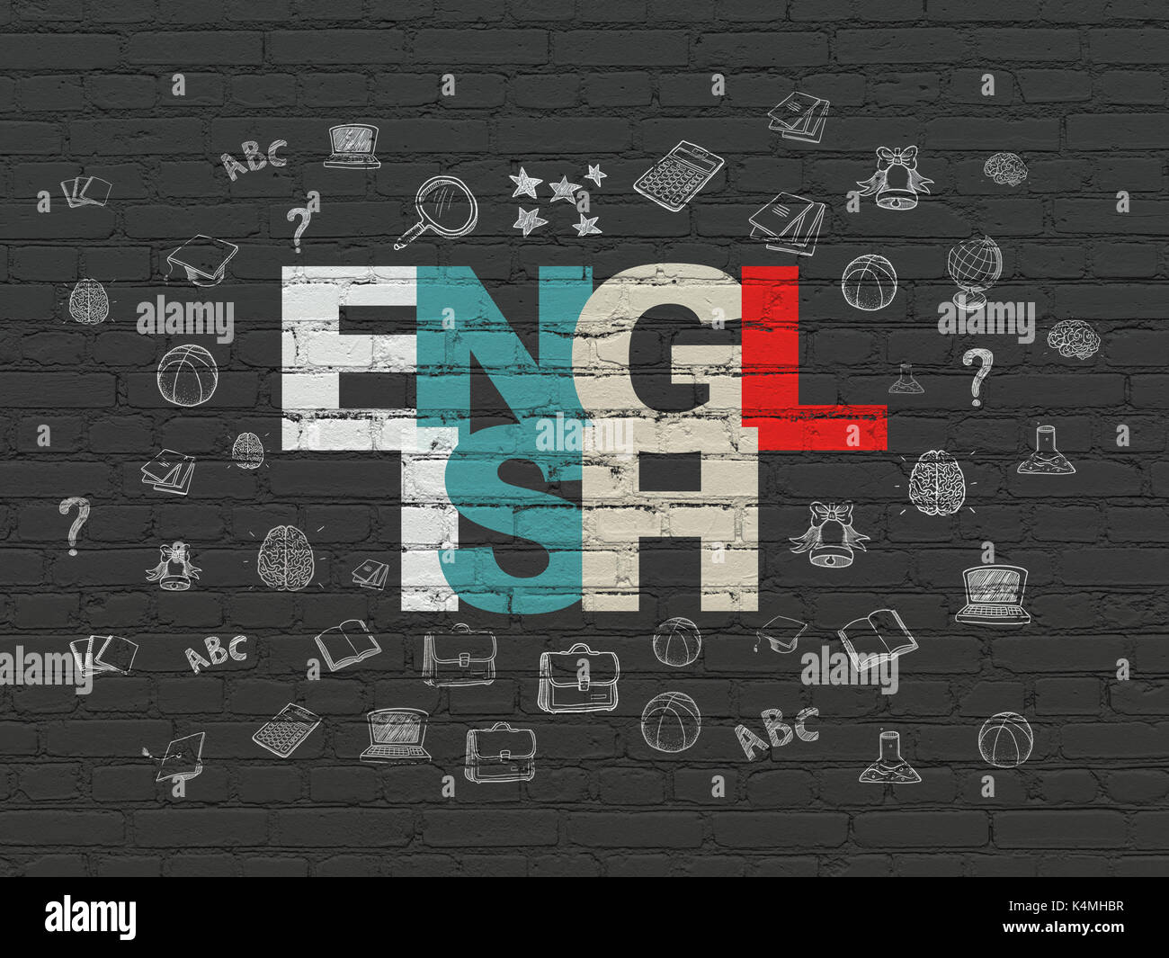 Studying concept: Painted multicolor text English on Black Brick wall ...