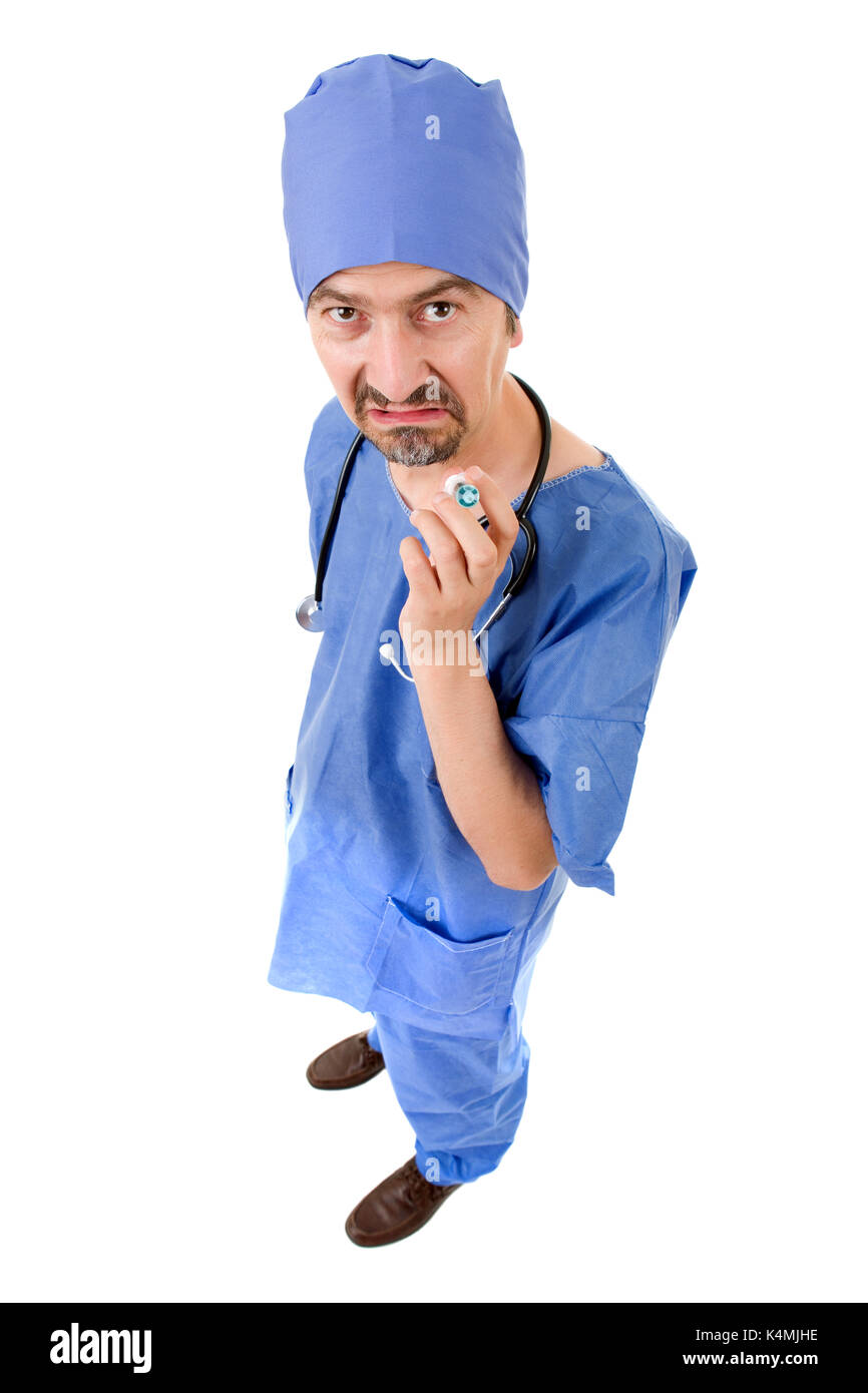 silly doctor with a syringe, full length, isolated on white background ...