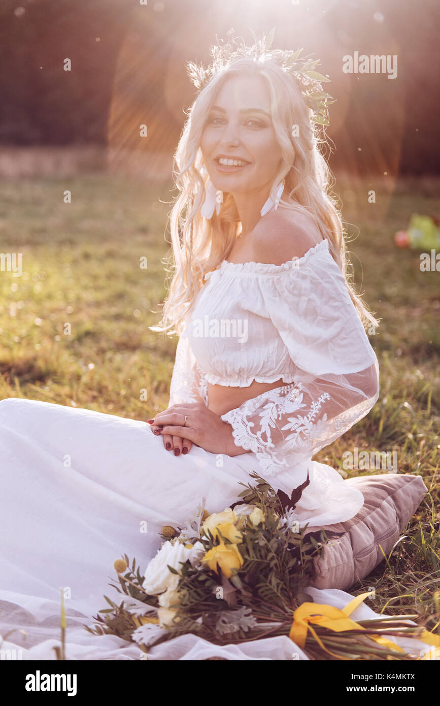 Enchanting Bride with Tiara on Nature Background. Modern Bridal Style ...