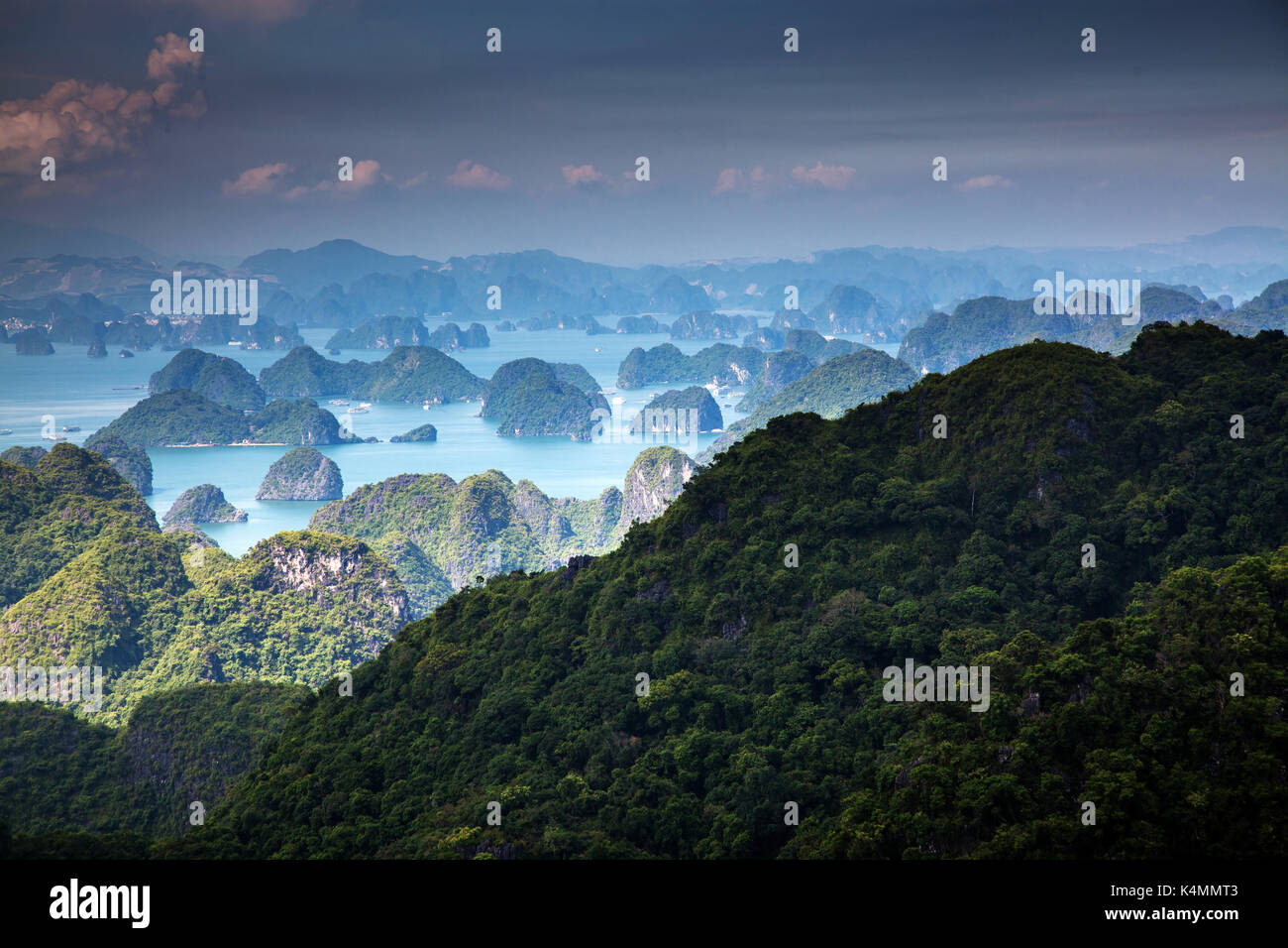 scenic view over Ha Long bay from Cat Ba island, Ha Long city in the ...