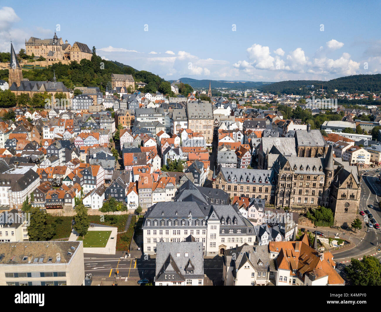 Aerial view over the old town of Marburg. Hesse, Germany Stock Photo ...
