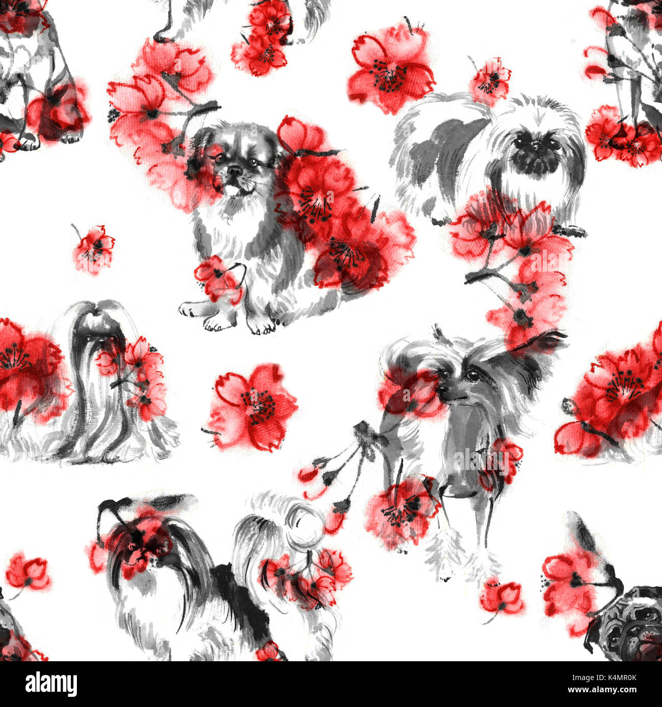 Seamless pattern with oriental lap dogs and cherry blossom, handmade ...