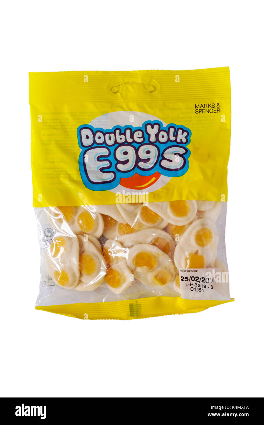 Packet of Marks & Spencer Double Yolk Eggs sweets isolated on white ...