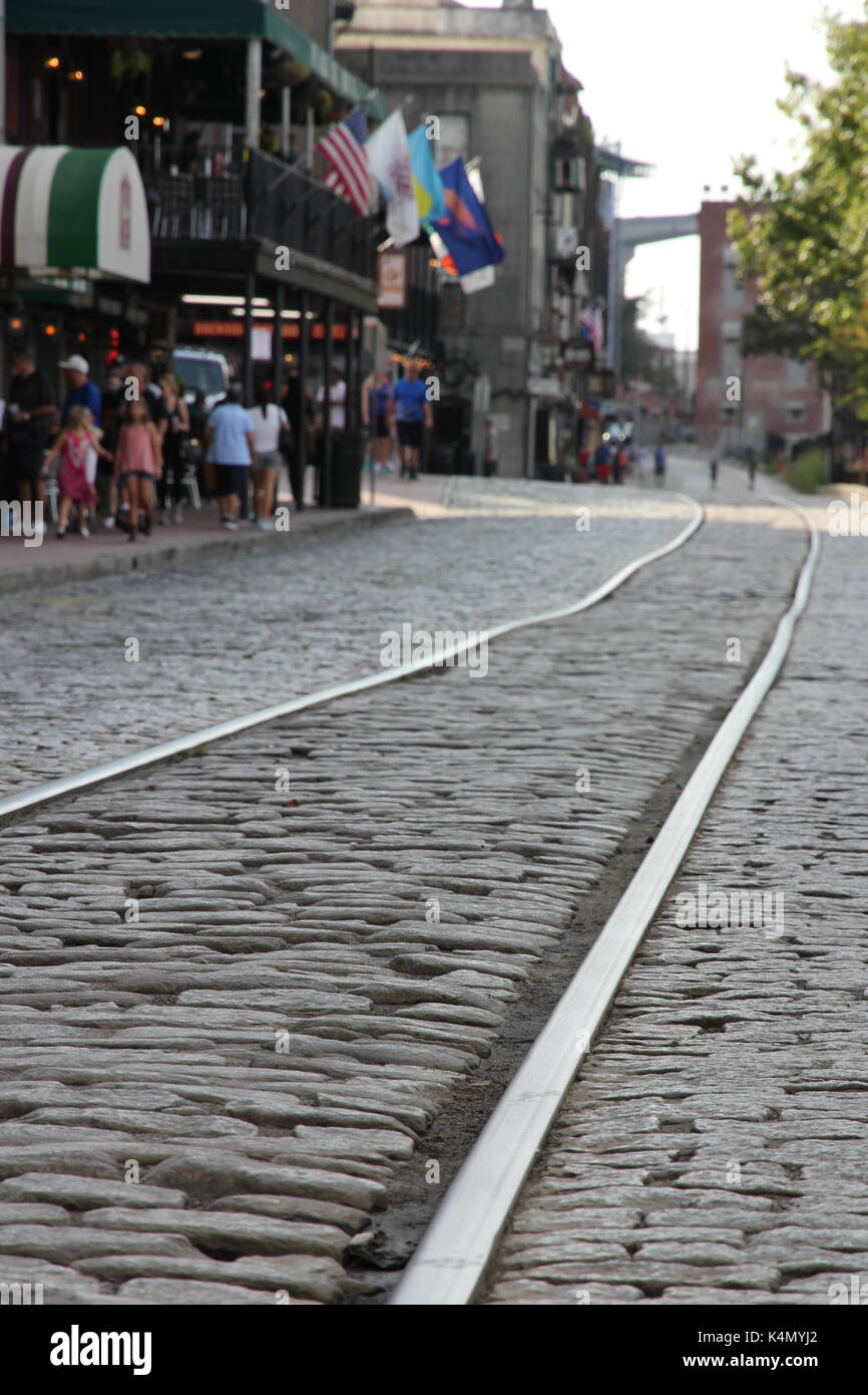 Riverside cobblestones and railroad in Savannah, Georgia, U.S.A Stock ...