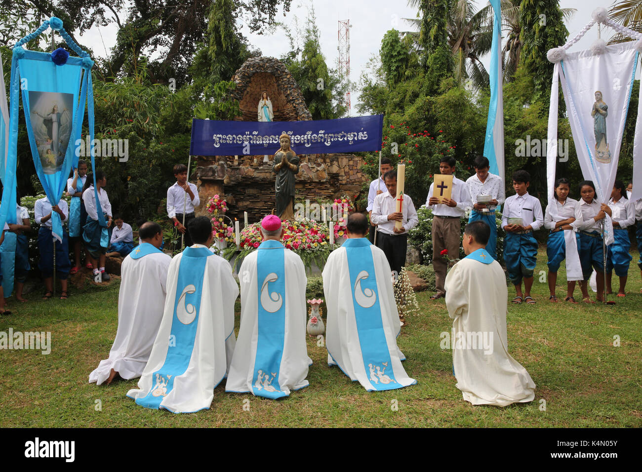 Assumption celebration outside Battambang Catholic church, Battambang ...