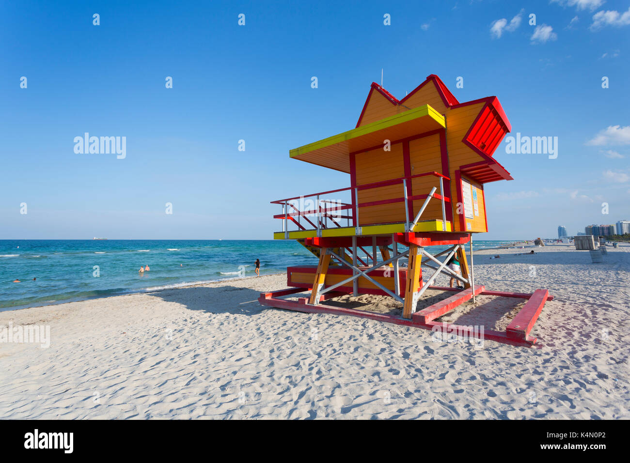 Colourful Lifeguard station on South Beach and the Atlantic Ocean ...