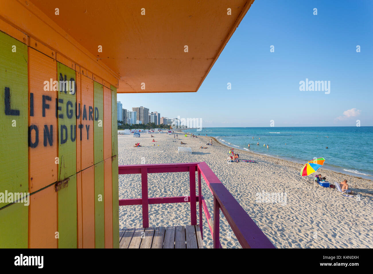 View from colourful Lifeguard station on South Beach and the Atlantic ...