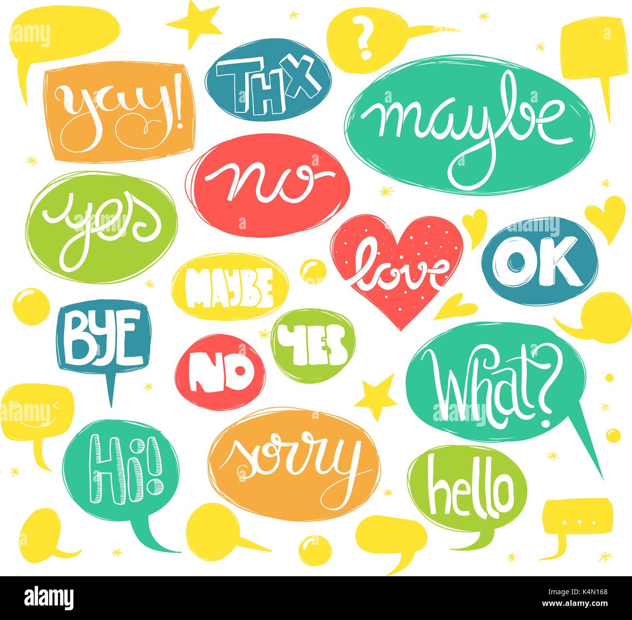 Hand lettered words in colorful, sketchy text balloons Stock Vector ...