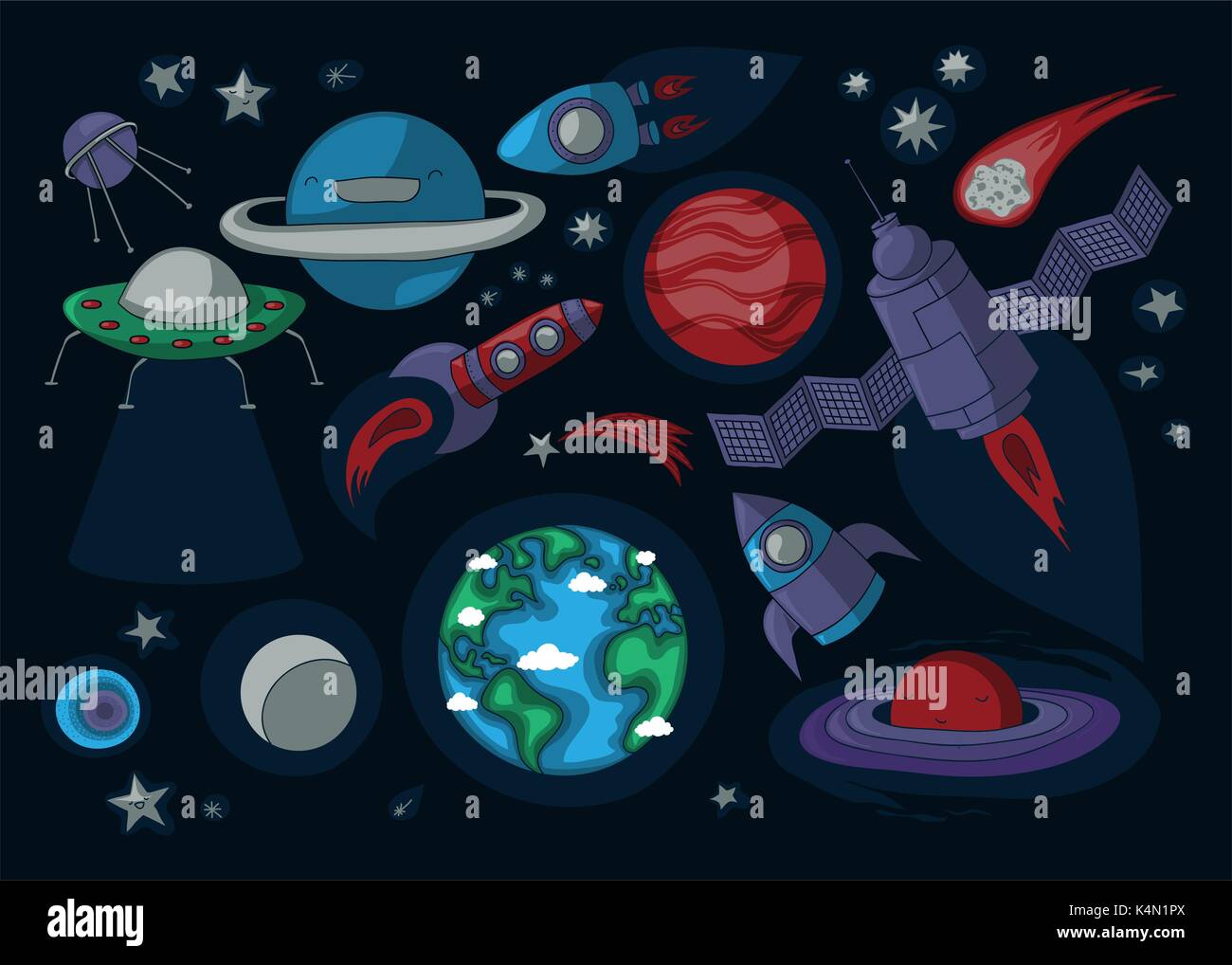 Outer space related cartoon elements: planets, rockets, asteroids ...