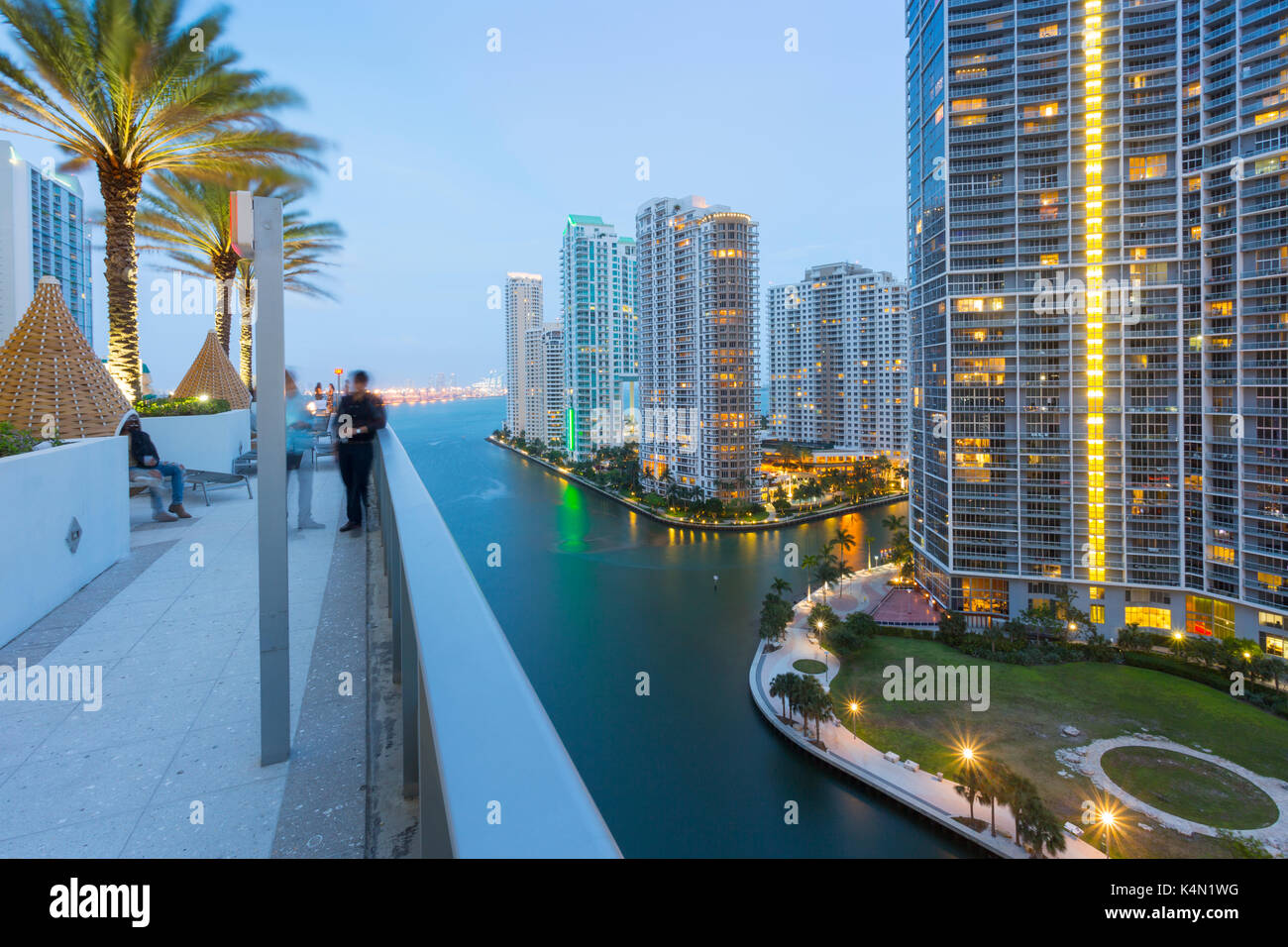 Rooftop bar overlooking Miami River at dusk, Miami, Florida, United ...