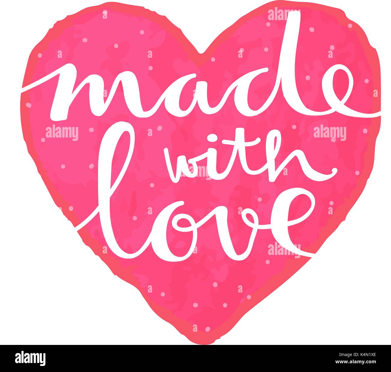 Cute hand lettering of the text "made with love" on a watercolor heart ...