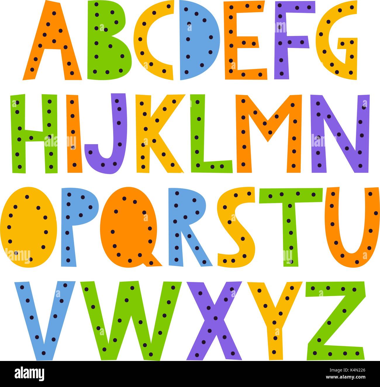 Cute and colorful childish hand drawn English alphabet, with dots ...