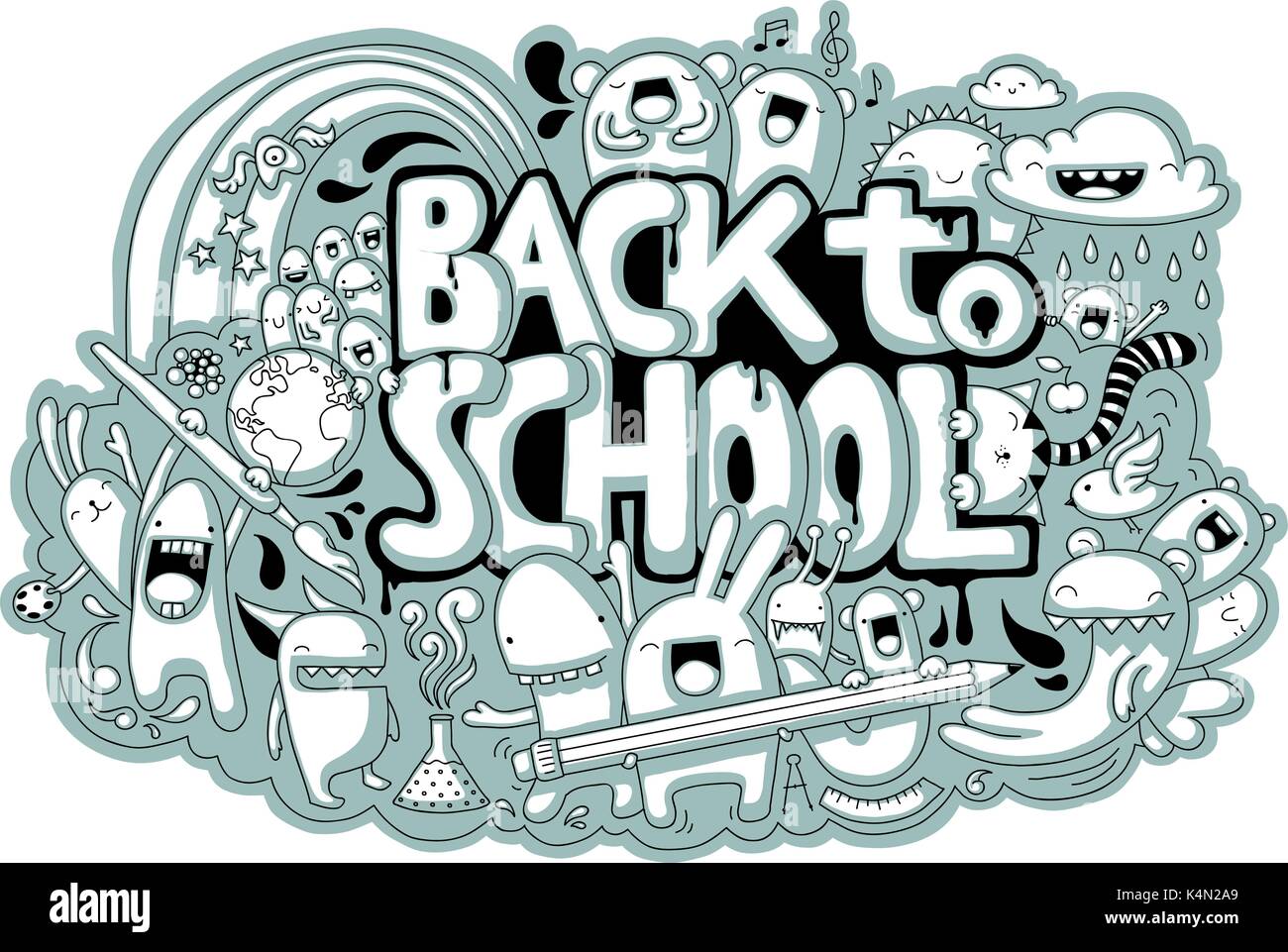 Cute hand-drawn school related doodle with different creatures and the ...