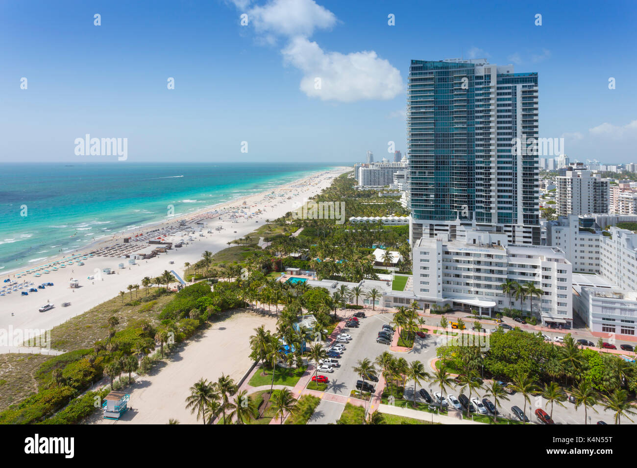 Elevated view of beach and hotels in South Beach, Miami Beach, Miami ...