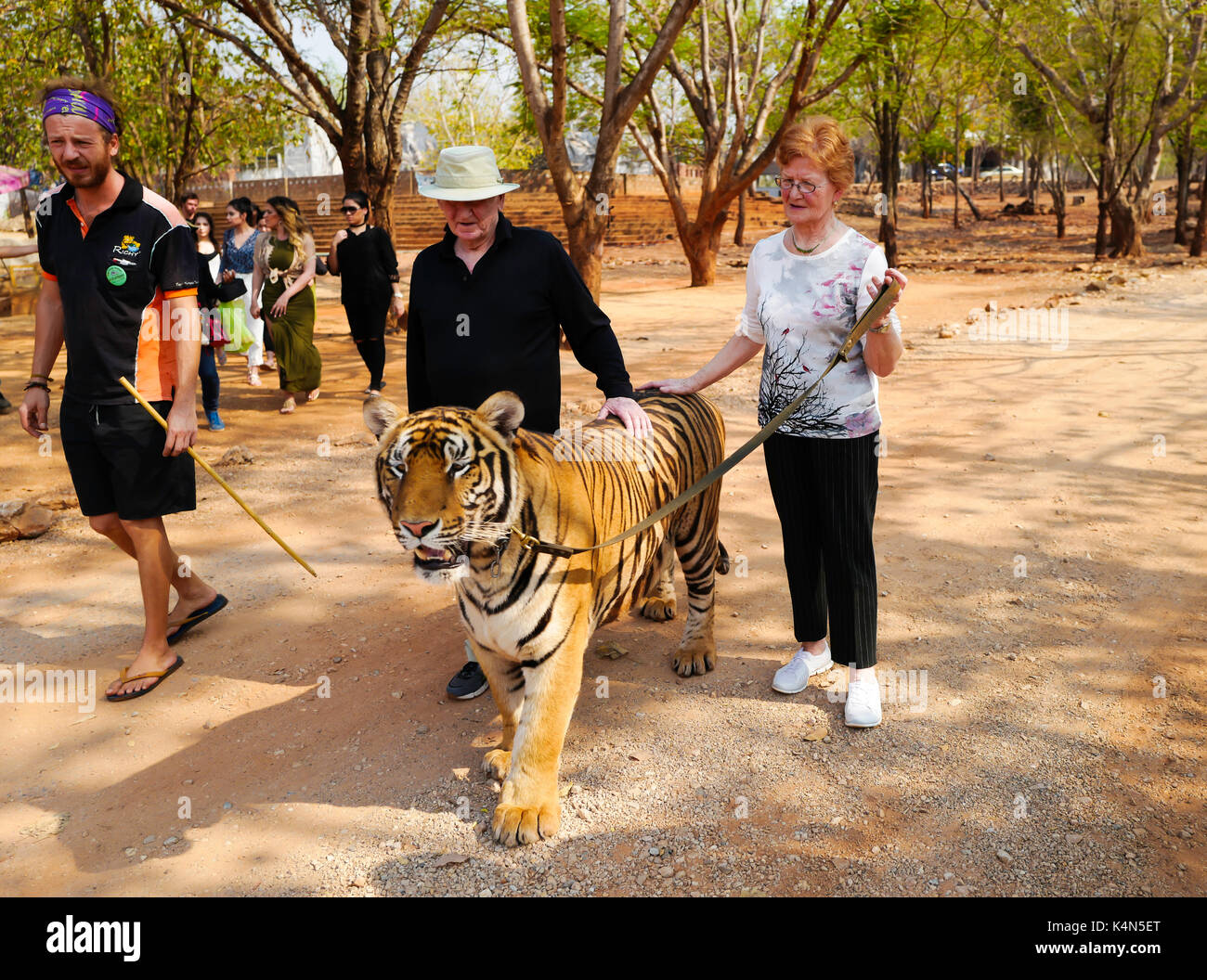Visitors are walking and excersing the Tigers Buddhist Temple in ...